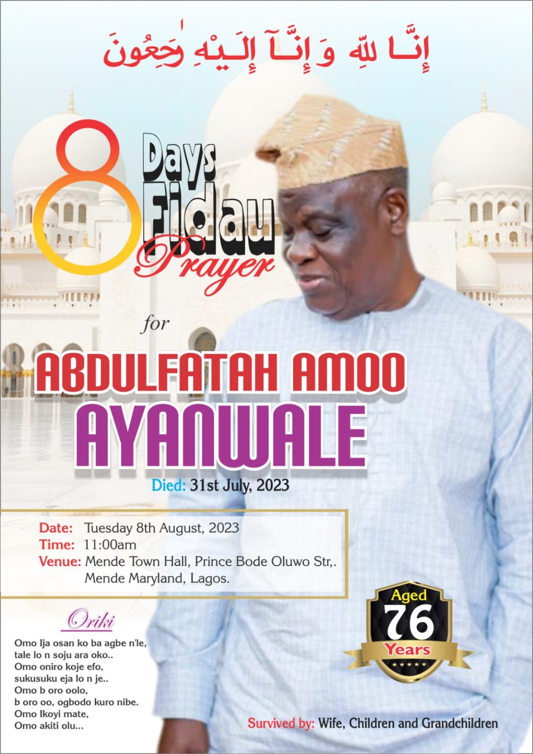 Family To Hold Fidau Prayer For Late Abdulfatah Amoo Ayanwale 8 August ...